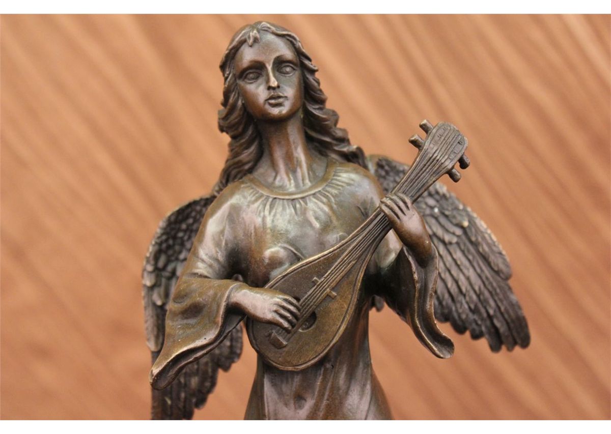 15"x6" Bronze Sculpture Divine Angel Playing Lute Music Marble Statue ...