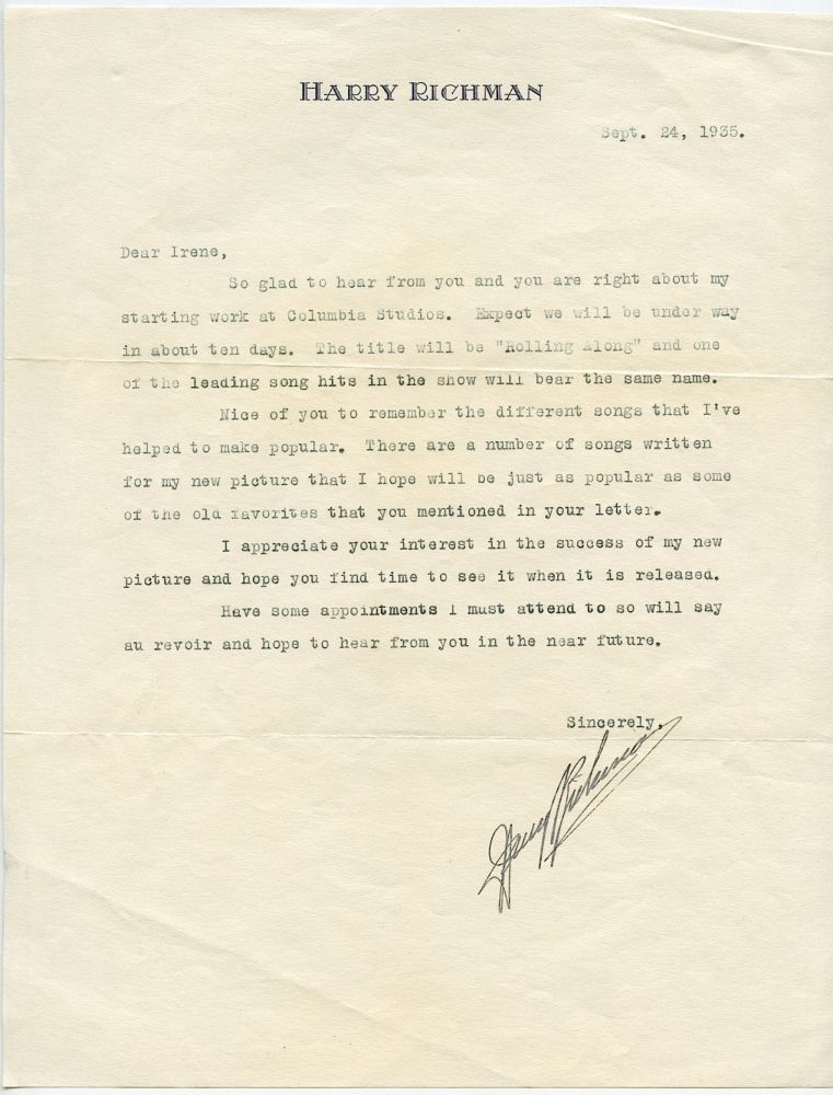 Harry Richman Signed Vintage 1935 Typed Letter with Interesting Content ...
