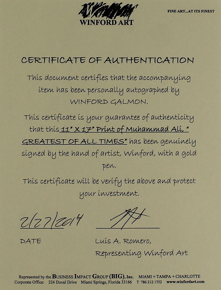 Winford Galmon Signed Muhammad Ali "Greatest of all Times" 11x17 ...