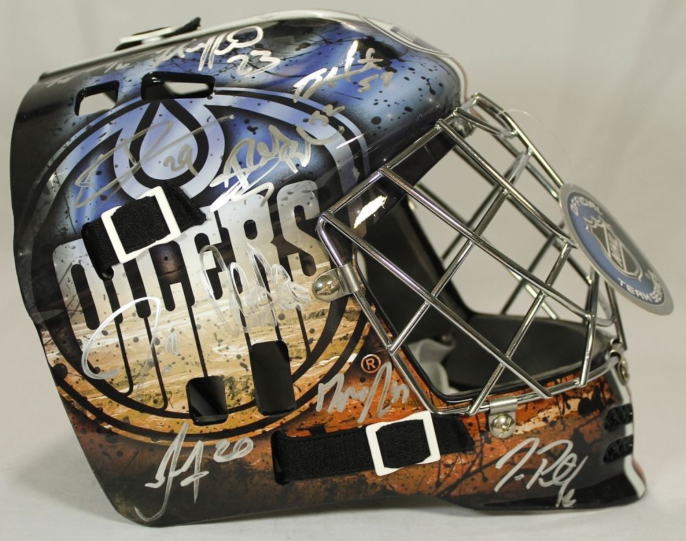 2014-15 Oilers Team Goalie Mask Signed by (17) with Jesse Joensuu, Leon ...