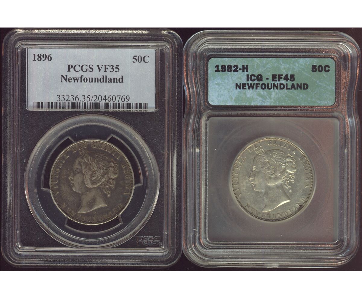 Nfld 1882H 50¢ ICG EF45 & 1896 Obv 2 Sml W PCGS VF35. Lot of 2 Graded coins.