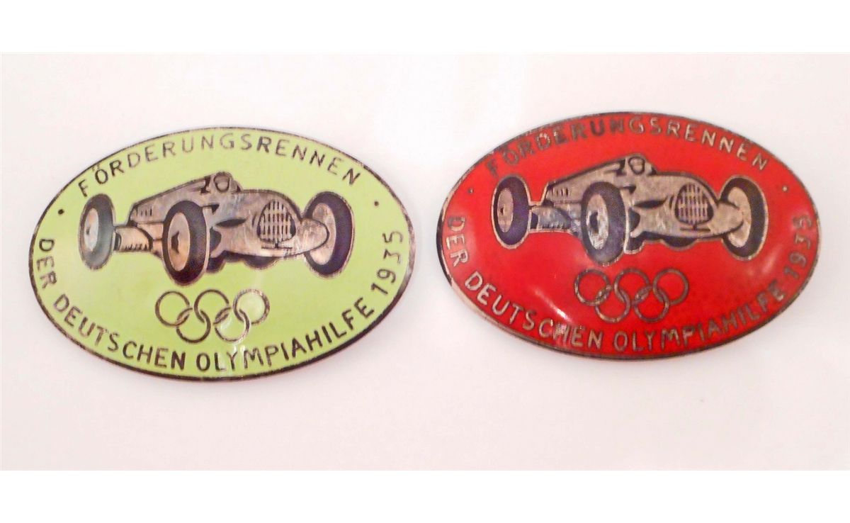 LOT OF 2 GERMAN NAZI PER BERLIN SUMMER OLYMPICS RACE CAR BADGES