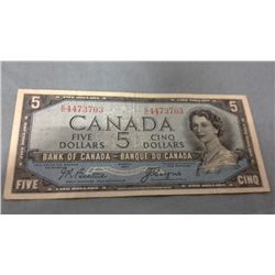 Rare Canadian Devils Face 1954 Canadian Five Dollar Bank Note