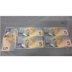 5 Sequential Numbered $5 Bank Notes
