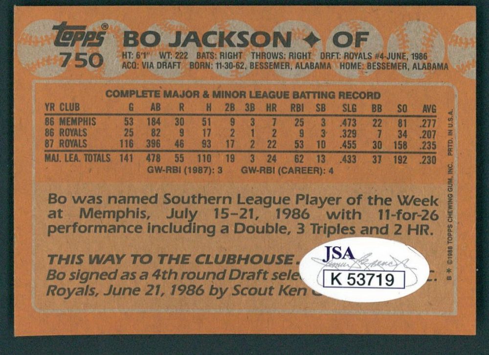 Bo Jackson Signed 1988 Topps Baseball Card (JSA COA)
