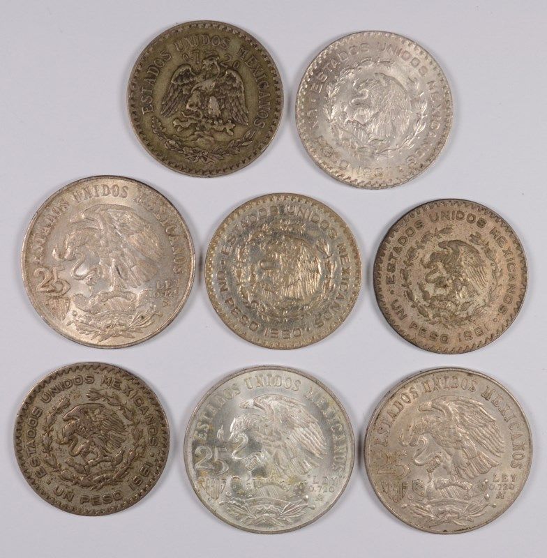 LOT OF 8 LARGE SILVER MEXICO COINS NICE