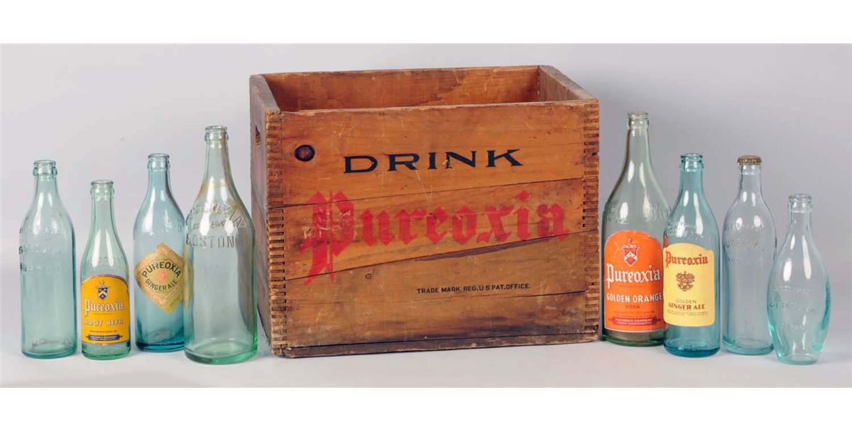 Pureoxia Wooden Crate & 8 Assorted Bottles.