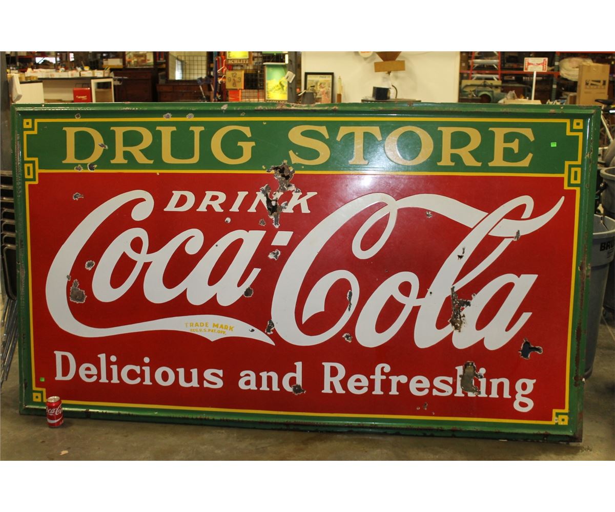 Coca-Cola Drug Store Enamel Embossed Sign 54" x 96" - 4 1/2' x 8' - VG ...