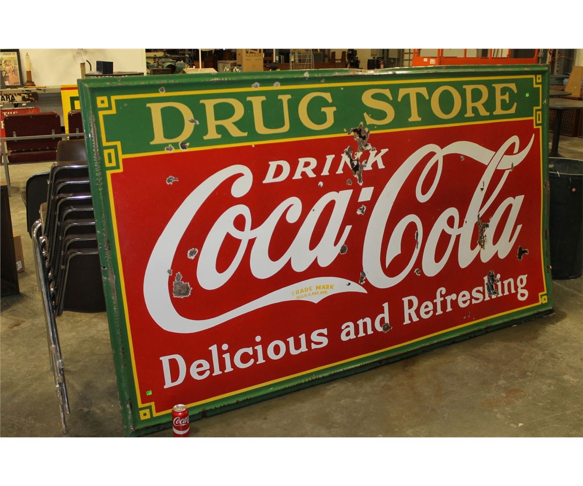 Coca-Cola Drug Store Enamel Embossed Sign 54" x 96" - 4 1/2' x 8' - VG ...