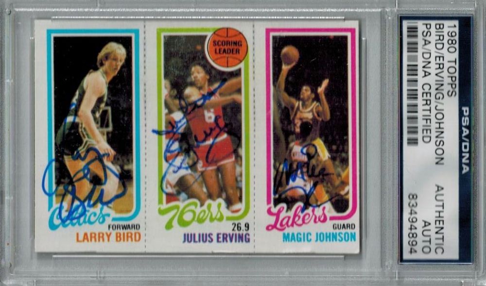 Larry Bird, Magic Johnson & Julius Erving Signed 1980 Topps Rookie Card (PSA Encapsulated)