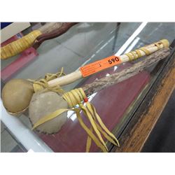 2 First Nations rattles with rawhide tops