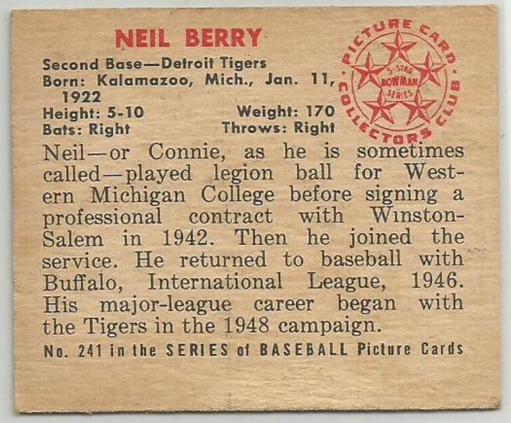 Vintage 1950 Bowman Color Neil Berry Rookie Baseball Card #241