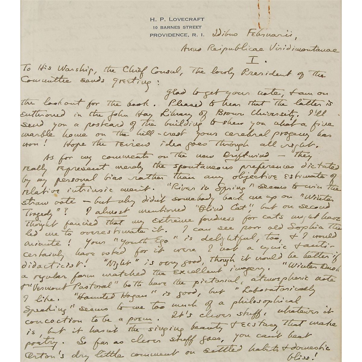 H. P. Lovecraft Autograph Letter Signed