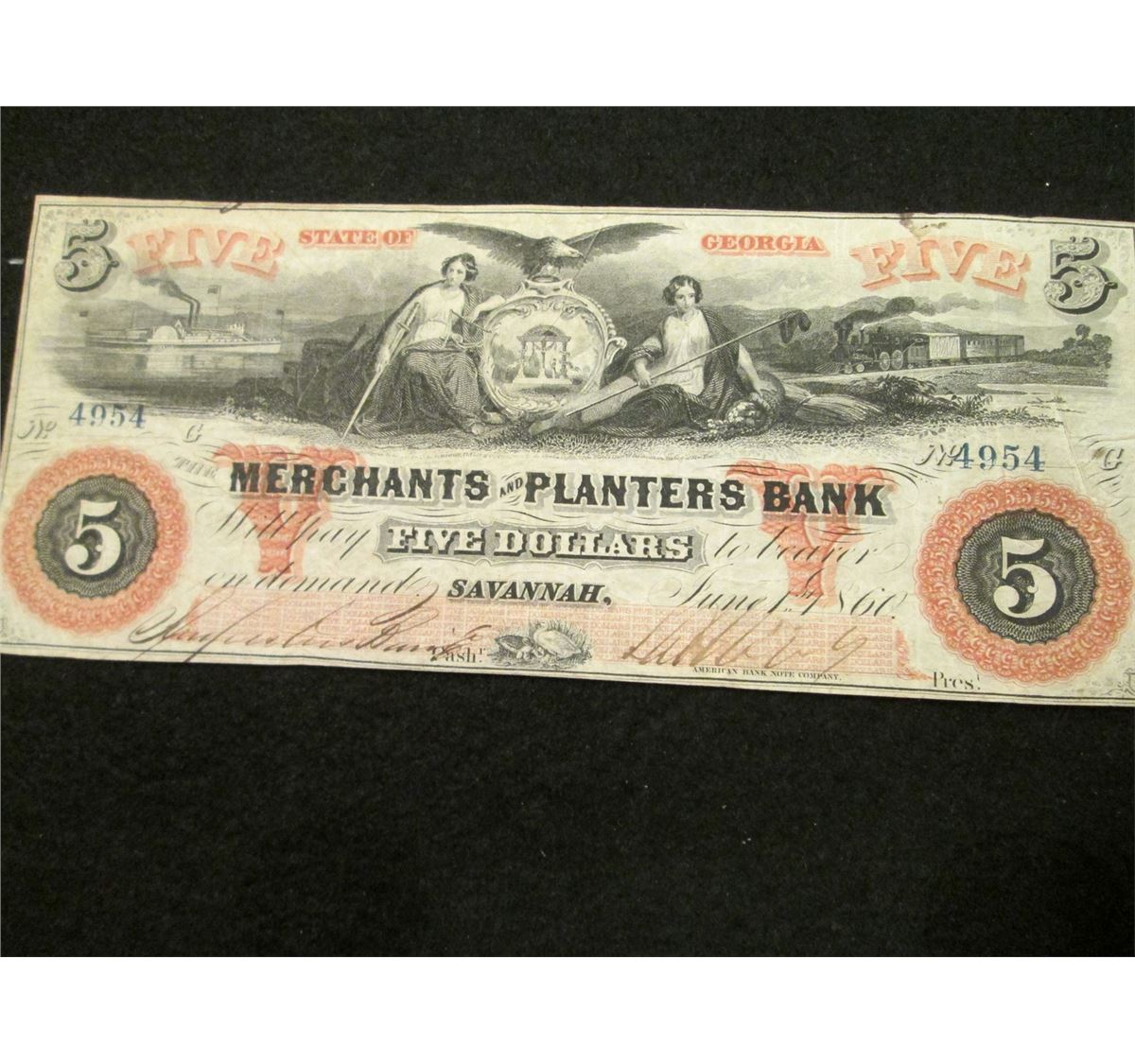 1317. June 1st, 1860 Civil War era $5 Bank note "The Merchants and ...