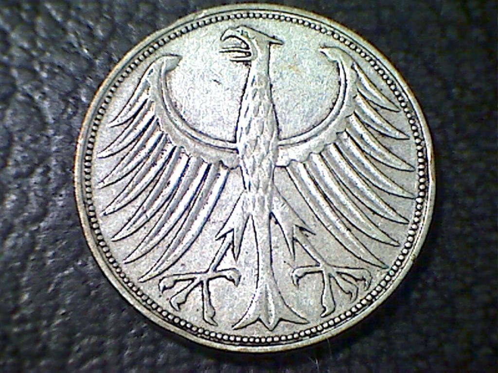 1318. 1951 F Germany 5 Deutsche Mark Silver Coin. VF. Depicts stylized ...