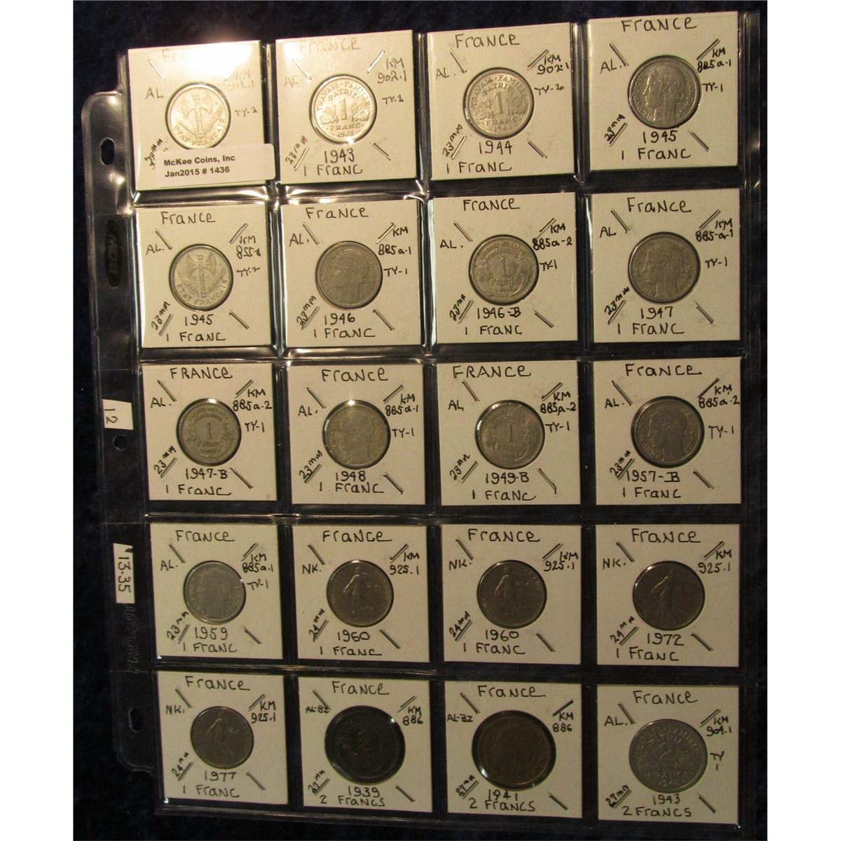 1436. Coin Dealer's Plastic Stock page containing (20) French Coins. KM ...