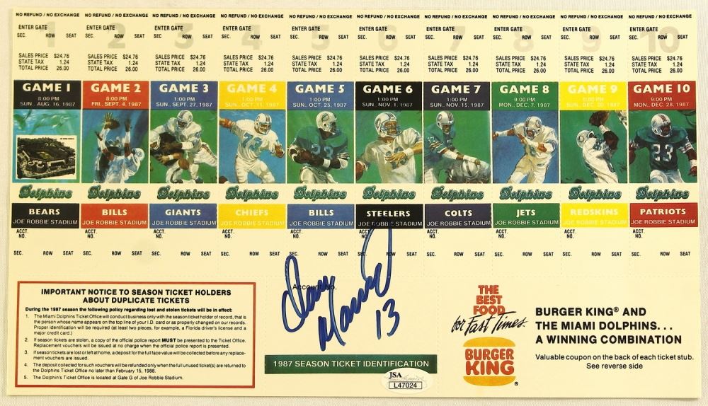 Dan Marino Signed Burger King Ticket Sheet of (10) Uncut 1987 Dolphins ...