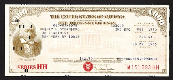 U.S. Savings Bond, 1980 Series HH Bond. - Archives International Auctions