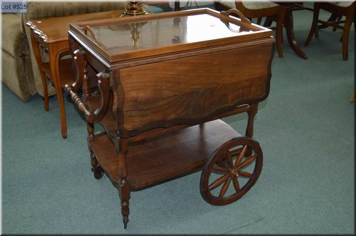 A walnut drop leaf tea wagon with removable drinks tray