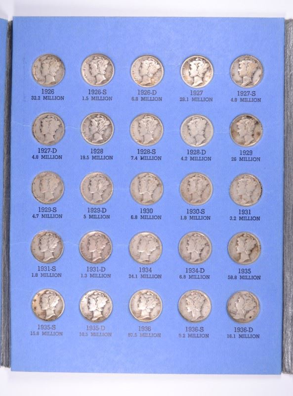 MERCURY DIME BOOK - WHITMAN 1916-1945 NEAR COMPLETE SET (MISSING 1916-D