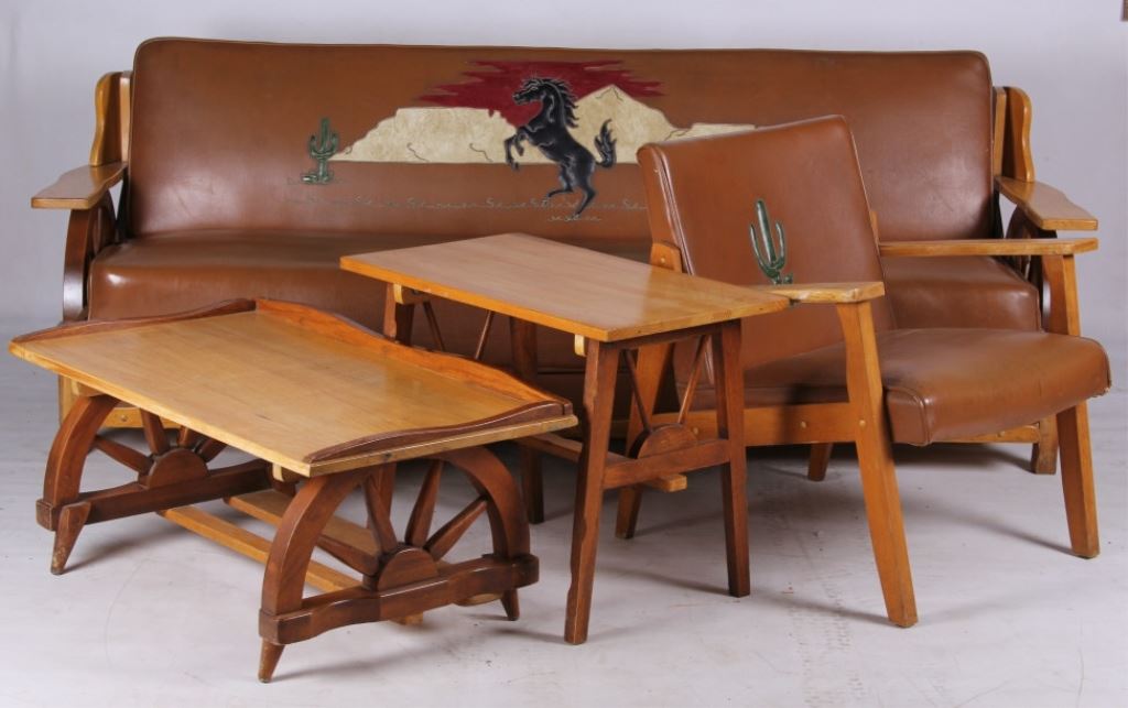Southwestern Wagon Wheel Vinyl Couch & Tables Set