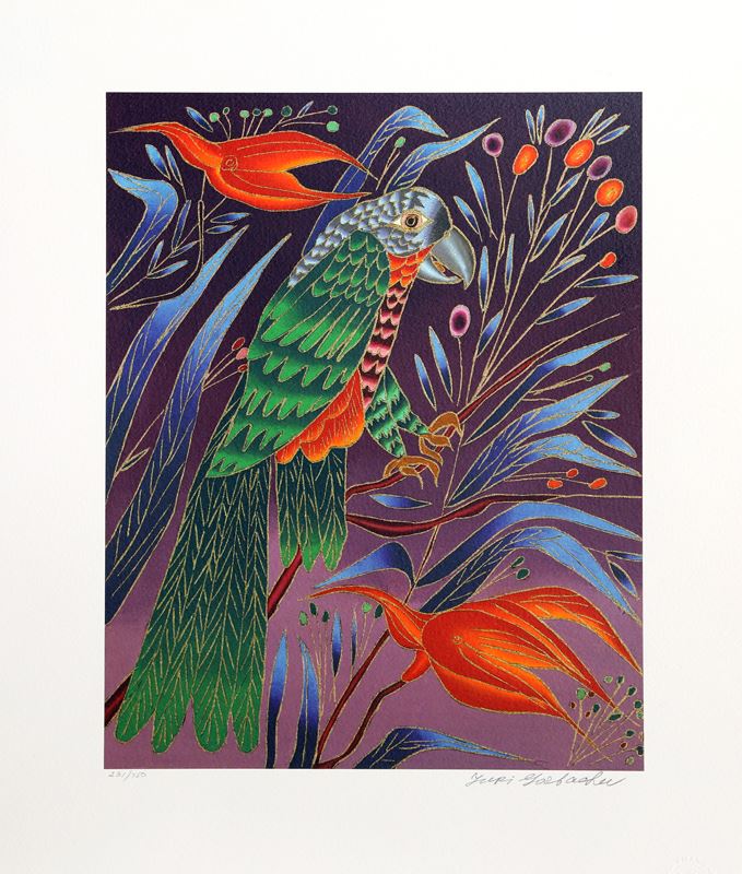 Yuri Gorbachev, Green Parrot on Red Flower, Serigraph