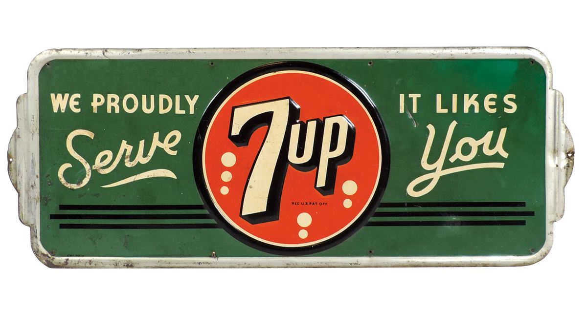 Soda fountain sign, 7Up-We Proudly Serve-It Likes You, self-framed ...
