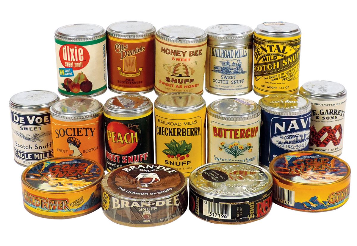 Tobacciana (approx 16), sample snuff cans, Checkerberry, Honey Bee ...