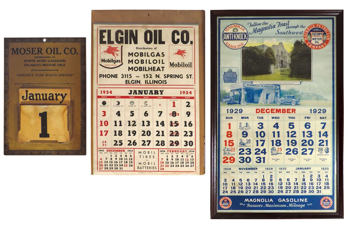 Petroliana, calendars (3), Magnolia Gasoline, Socony Motor Oil, framed ...