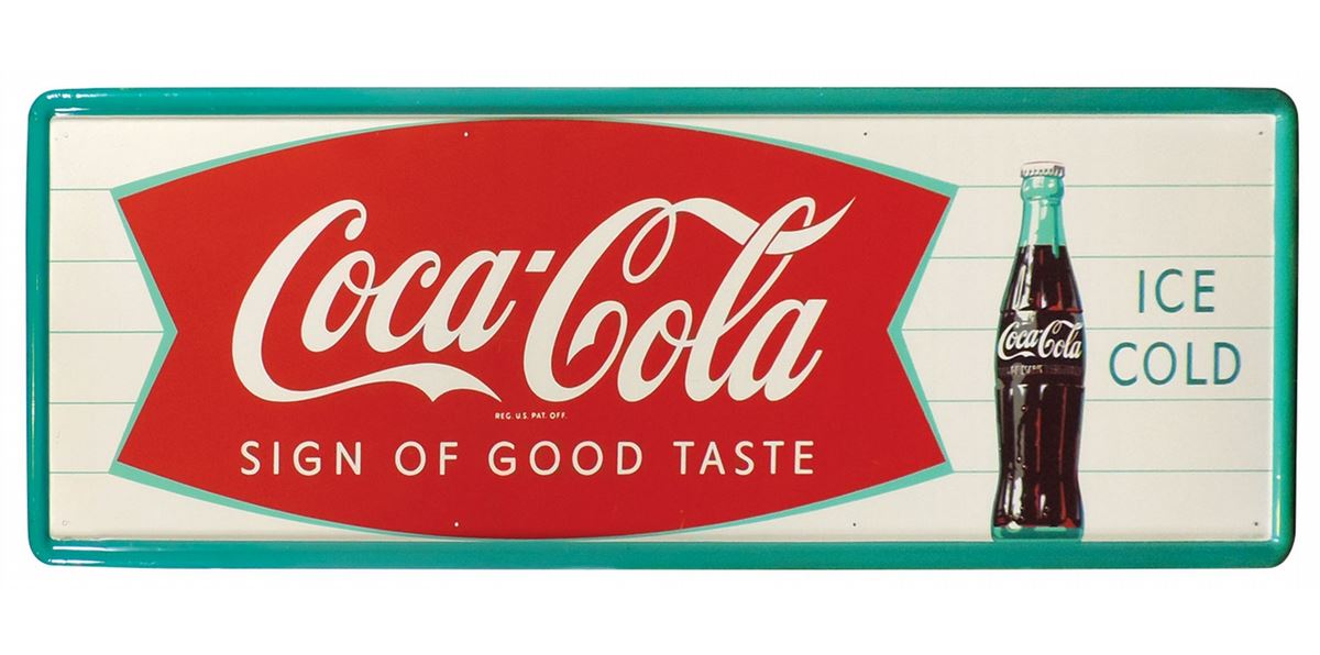 Coca-Cola sign, fishtail logo & bottle graphic, self-framed metal, c ...
