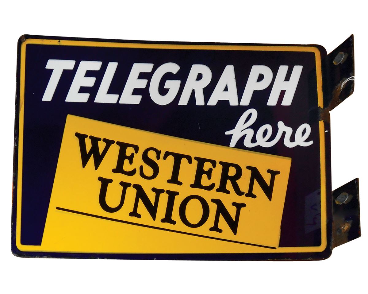 Telegraph sign, Western Union, 2-sided porcelain flange, VG+ cond w ...