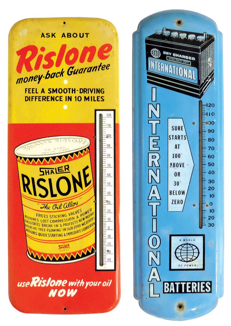 Petroliana, thermometers, International Dry Charged Batteries & Shaler ...