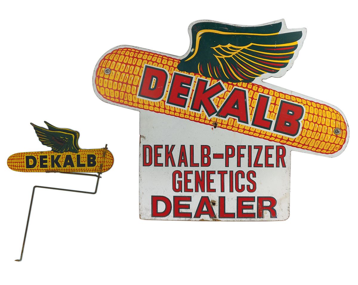 Seed corn signs (2), DeKalb, fencepost spinner, 2-sided diecut metal VG ...