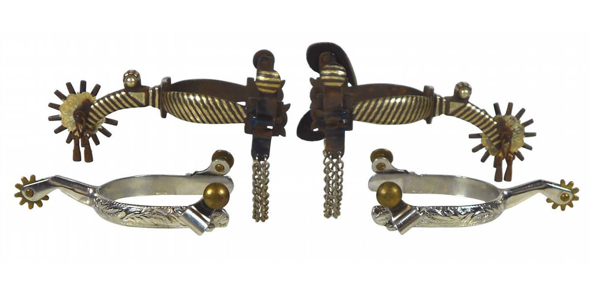 Western spurs (2 pr), Garza Jingle Bobs, iron w/inlaid silver, Exc cond ...