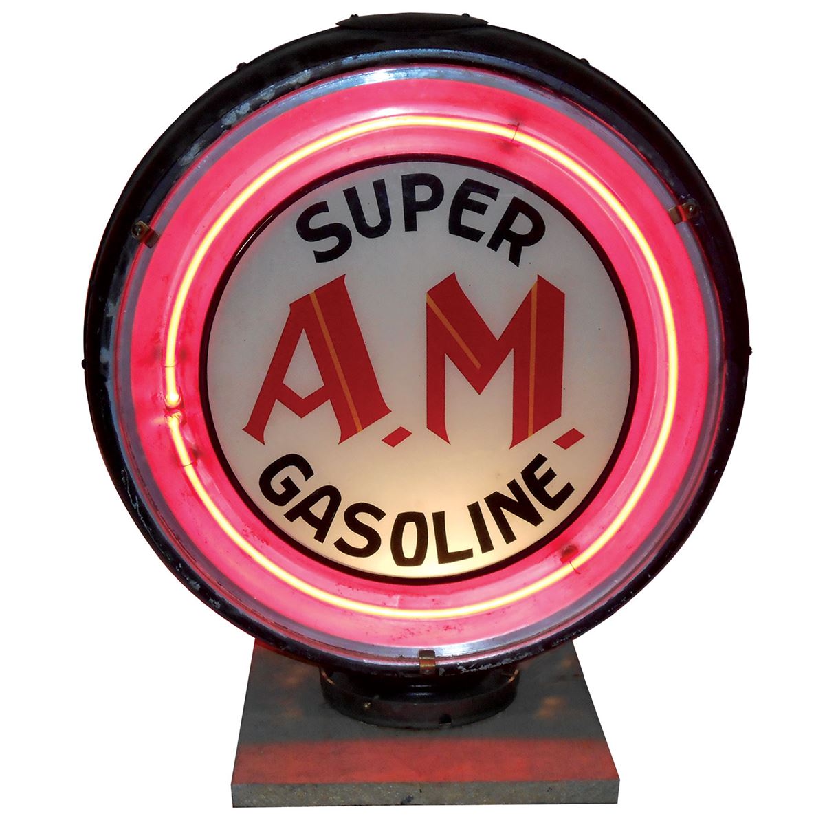 Petroliana, neon gasoline globe, A.M. Super Gasoline, 1-pc metal frame ...