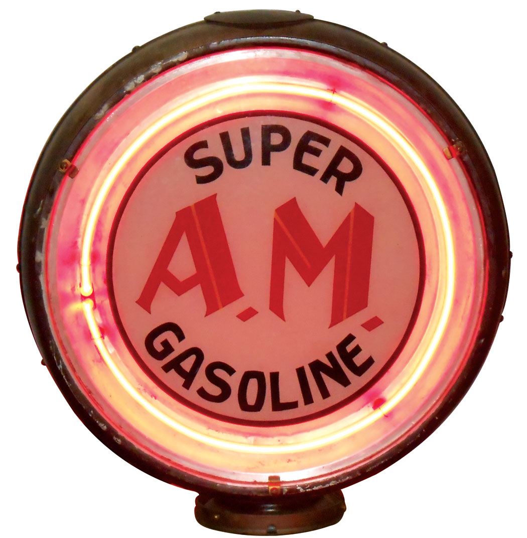 Petroliana, neon gasoline globe, A.M. Super Gasoline, 1-pc metal frame ...