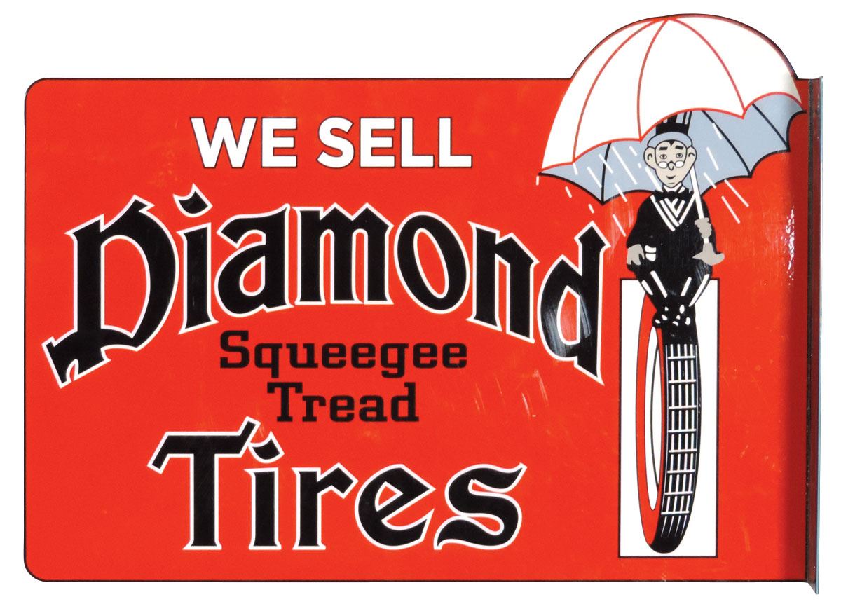 Automobilia, sign, Diamond Tires, 2-sided porcelain flange ...