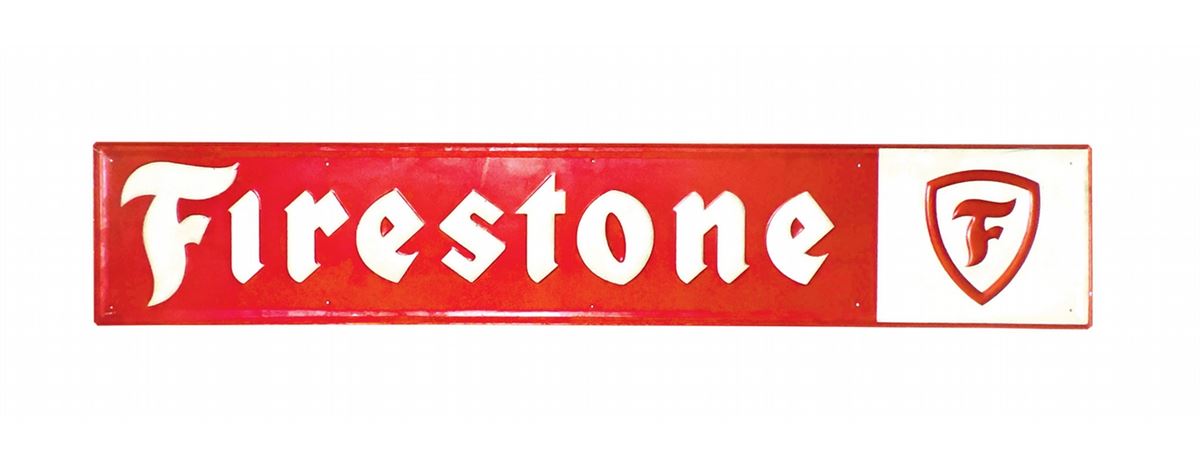 Automobilia, sign, Firestone, embossed metal, marked Grace Brite A306-7 ...