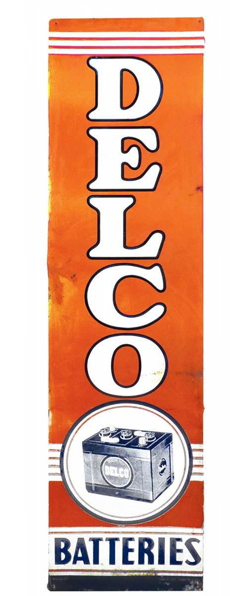 Automobilia, sign, Delco Batteries, metal w/battery graphic, marked ...