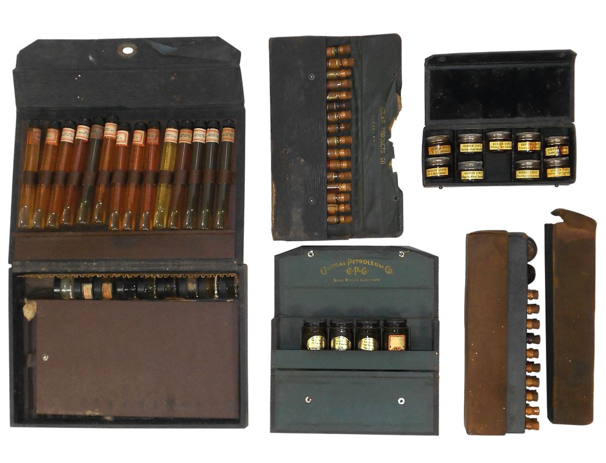 Petroliana, salesman's sample kits (5), leather cases w/glass vials ...