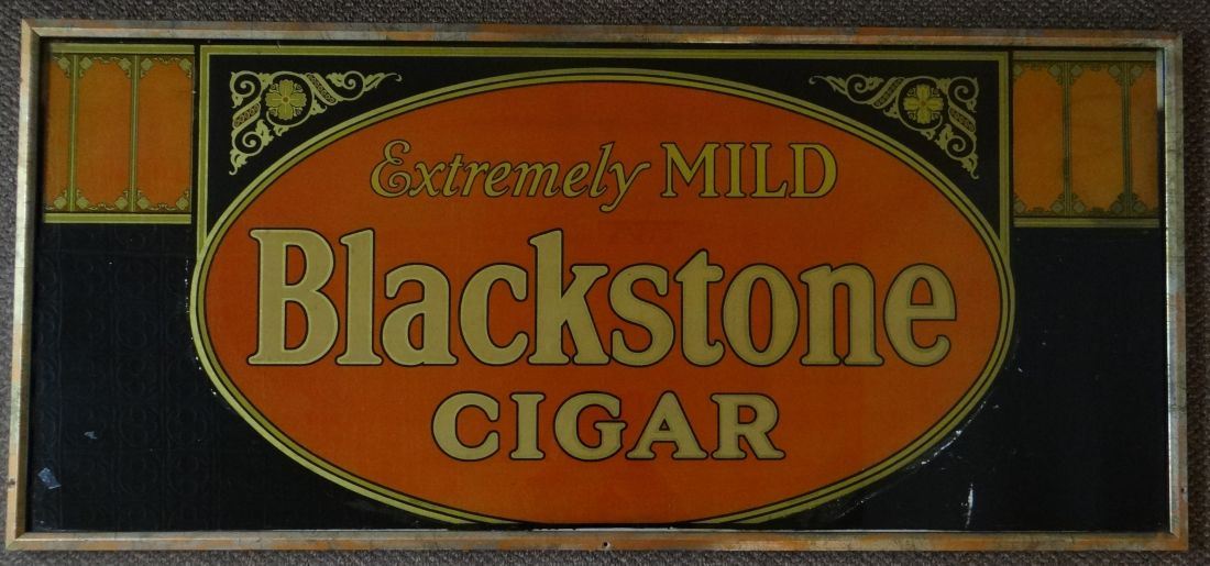 Blackstone Cigar advertising, reverse painting, 44"x19"