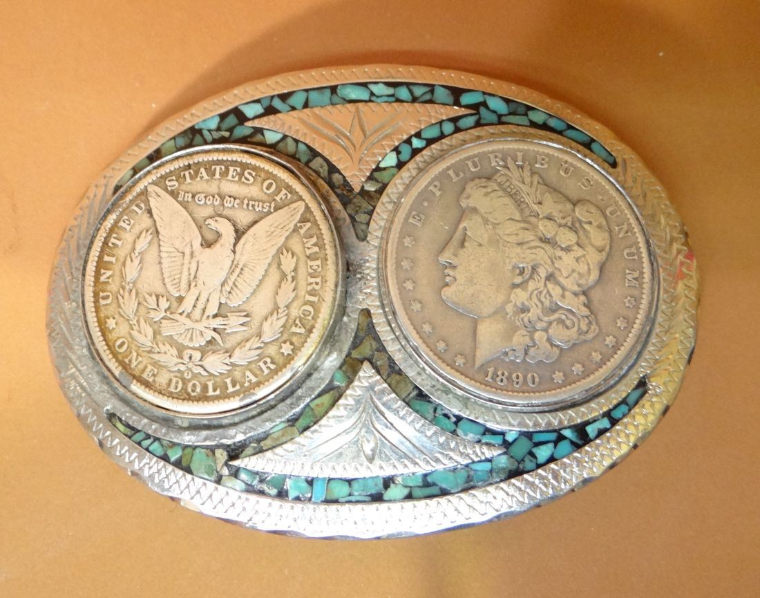 Turqouise belt buckle w/2 Morgan dollars, one is 1890