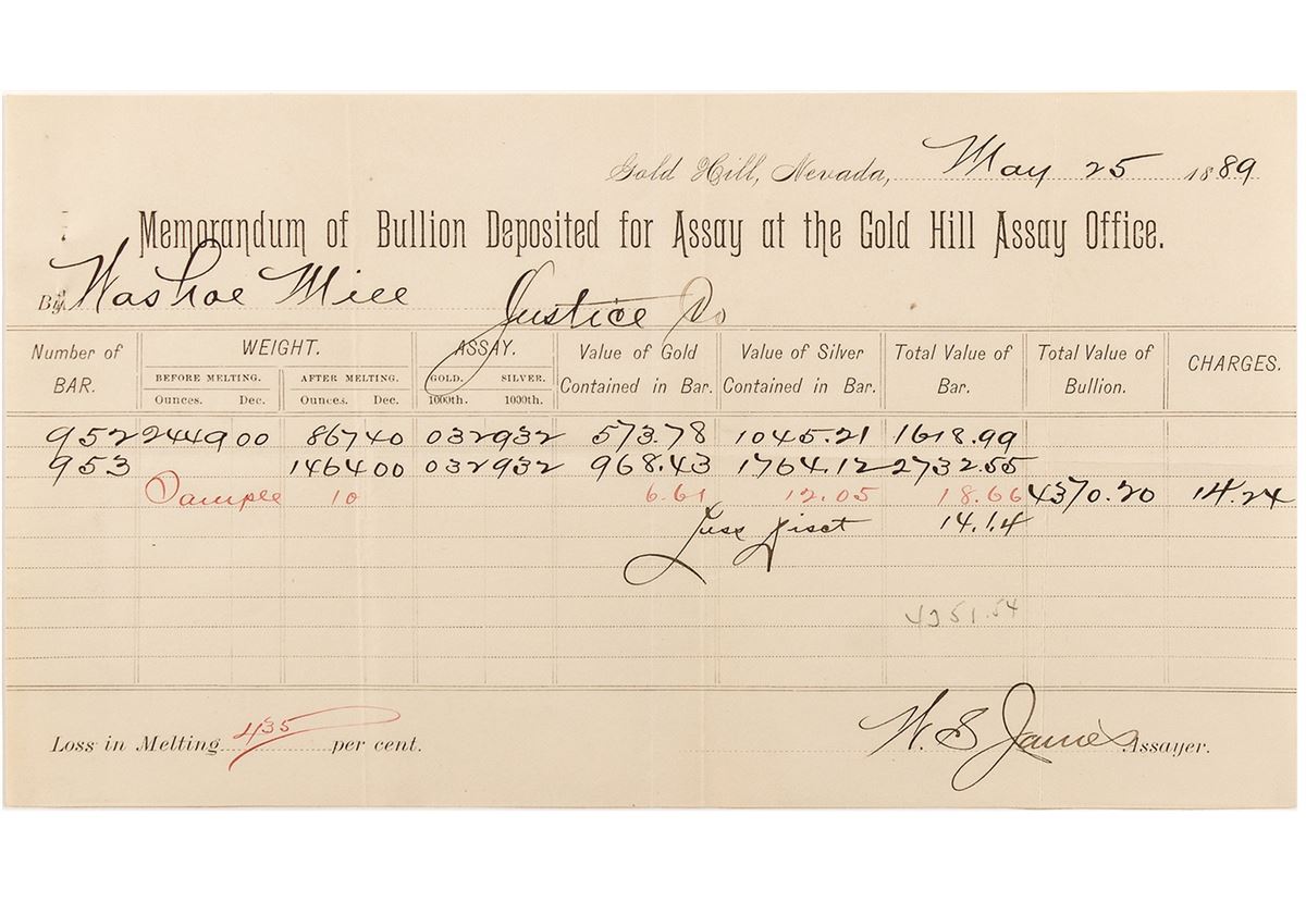Assay Sheet For Gold Hill Assay Office