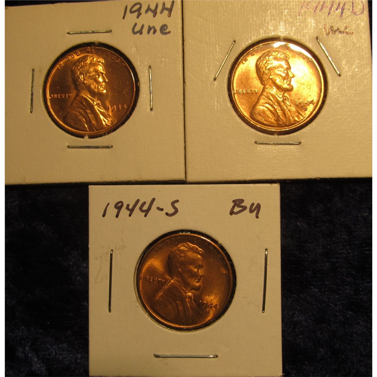 1281. 1944 P, D, & S Shell-case Copper Lincoln Cents. MS 64-66.
