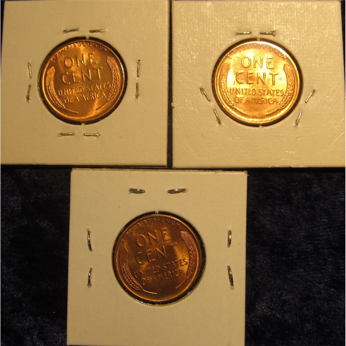 1281. 1944 P, D, & S Shell-case Copper Lincoln Cents. MS 64-66.