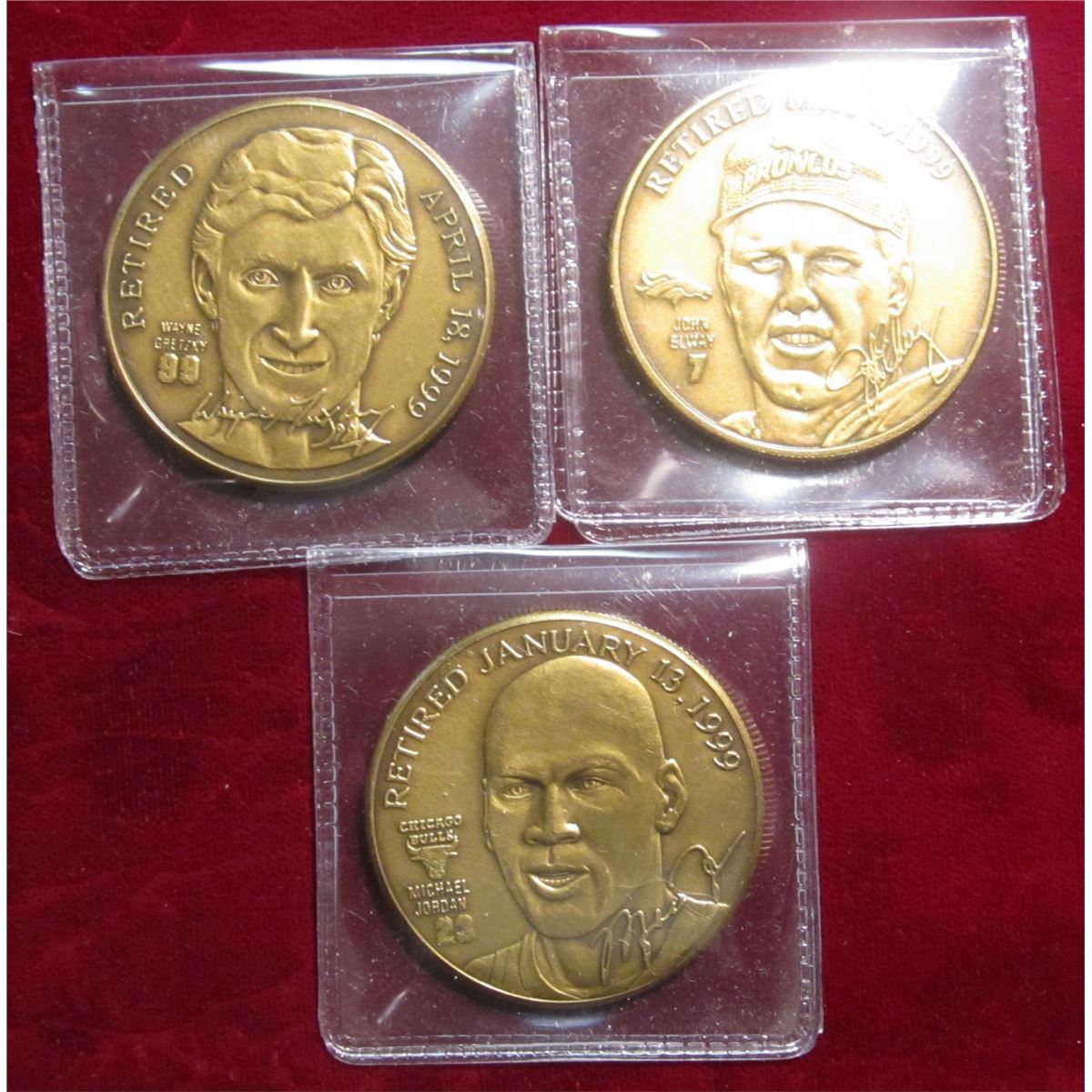 1803. (3) Bronze Silver Dollar Sized medals for retired sports greats ...