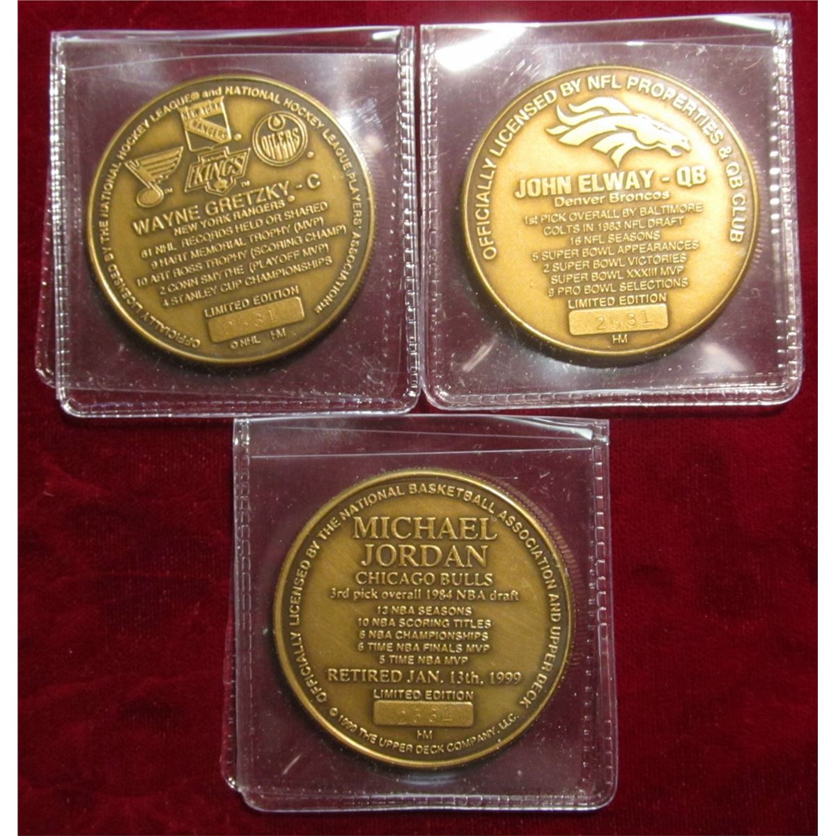 1803. (3) Bronze Silver Dollar Sized medals for retired sports greats ...