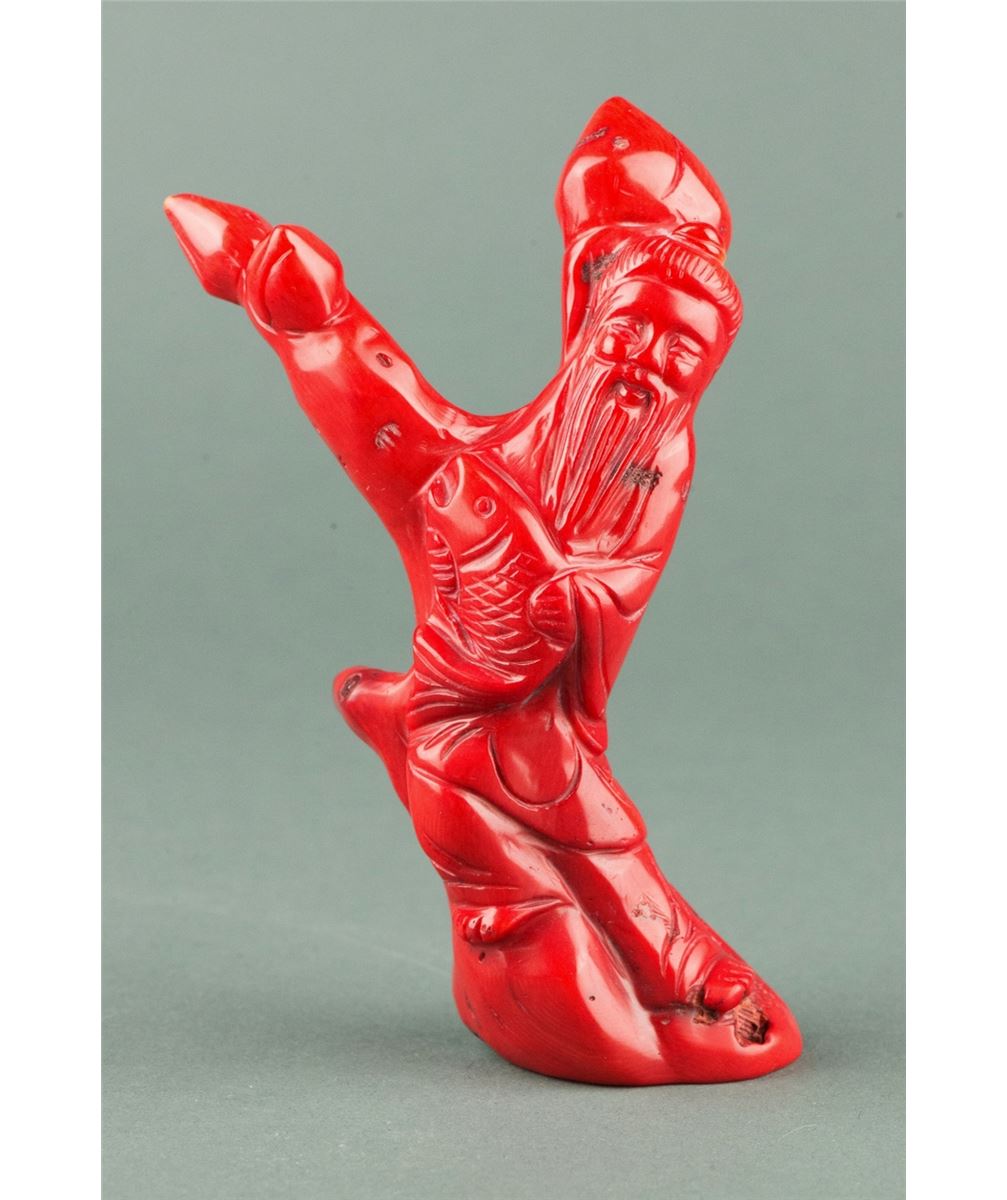 Chinese Red Coral Carved Fisherman Figure