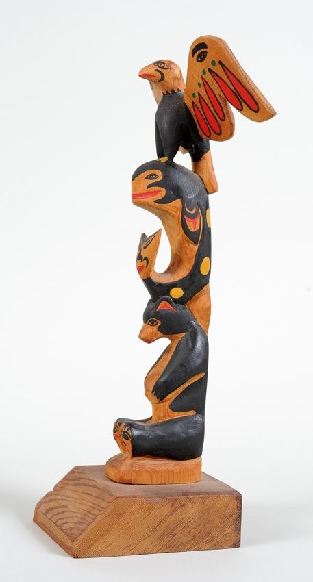 Simon Charlie Totem Carved with Eagle, Whale and Bear 16" H. 5" W. Good ...