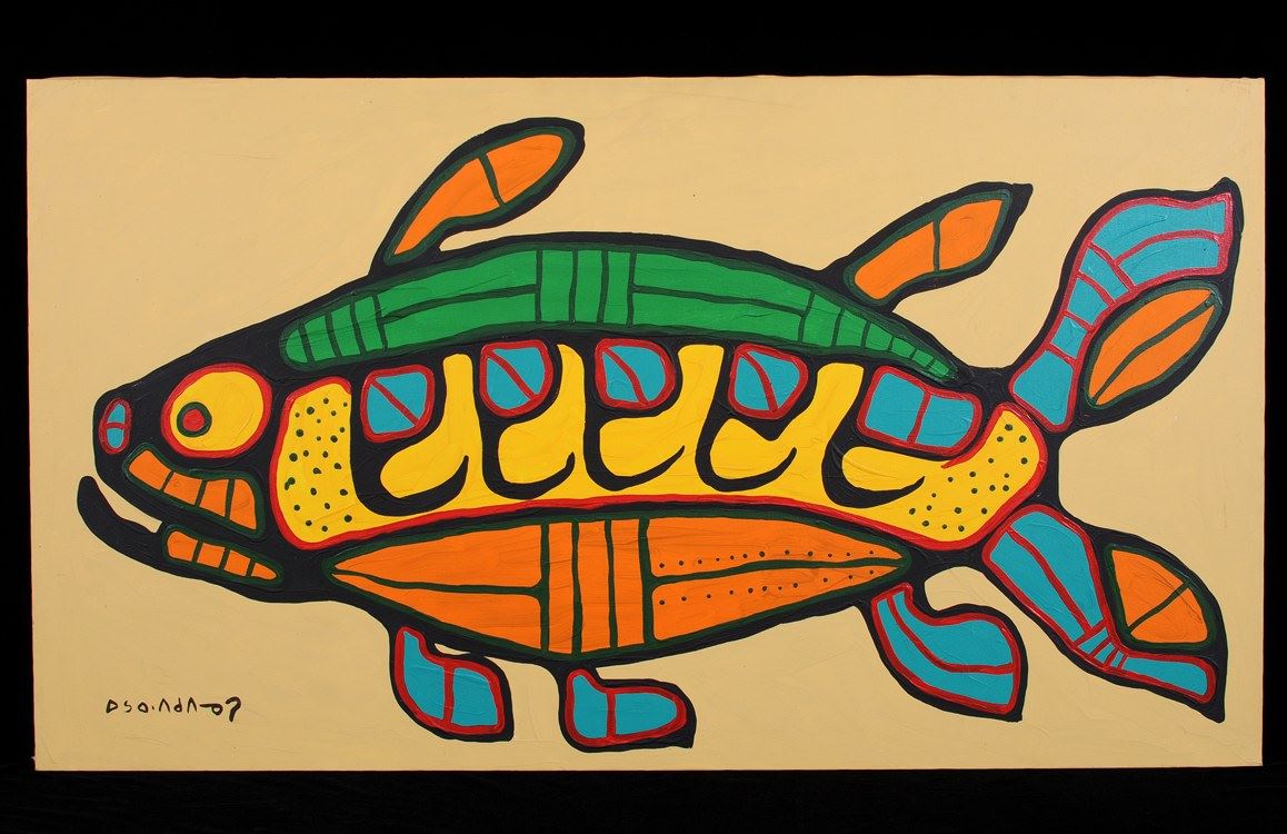 Norval Morrisseau Painting on Canvas of a Spirit Fish 29"x 52" Good ...